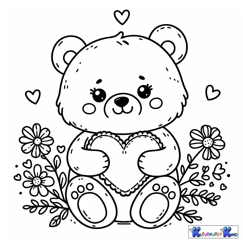 15x Kleurplaat beer met hart gratis downloaden